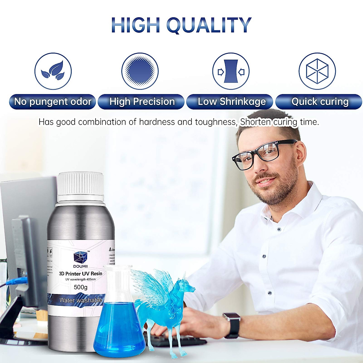 DOUMII Water Washable 3D Resin – 405nm UV Cured 3D Printing Resin, for LCD 3D Printers, Easy to Clean and Cure, Fast Curing with High Precision. (Black, 500G)