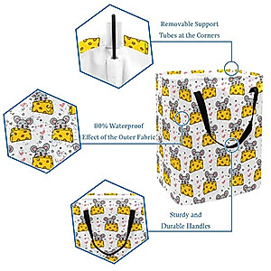 Laundry Baskets with Handles Foldable Doodle Mouse and Cheese Print Storage Hamper for Adult Kids Teen Bedrooms Bathroom Dirty Clothes Sorter