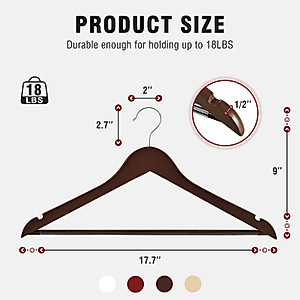 TECHMILLY 20 Pack Solid Wooden Suit Hangers, Heavy Duty Coat Hangers for Closet, Smooth Finish Clothes Hangers with 360° Swivel Hook & Non Slip Pant Bar & Cut Notches for Shirt, Walnut