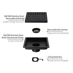 Orhemus 6 Inch Square Shower Drain with Adjustable Shower Drain Base Flange, SUS 304 Stainless Steel Floor Drain with Removable Cover Grid Grate, Matte Black