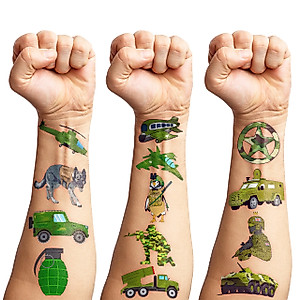 96 PCS Military Camouflage Temporary Tattoos Theme Army Birthday Party Decorations Supplies Favors Decor Camo Soldier Tank Helicopter Tattoo Stickers Gifts For Kids Adults Boys Girls Prizes Carnival