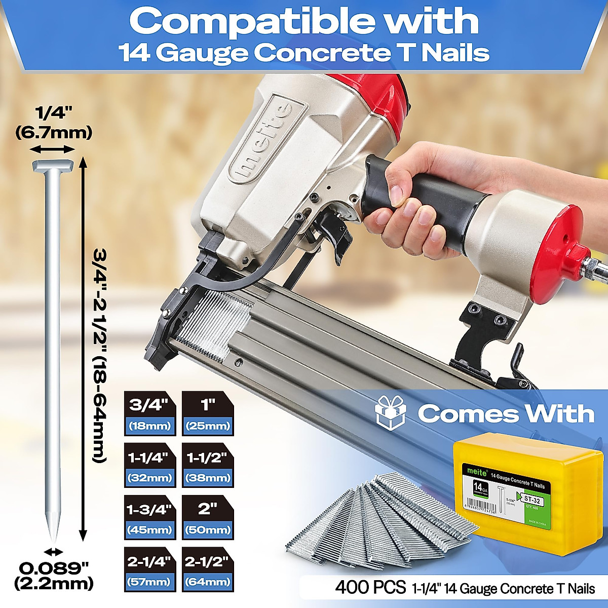 meite Concrete T Nailer with 400 PCS 1-1/4 Inch Concrete Nails, Pneumatic 14 Gauge Heavy Duty Air Concrete Nail Gun, Compatible with 14 Gauge 3/4 Inch to 2-1/2 Inch Concrete T Nails (ST64E)