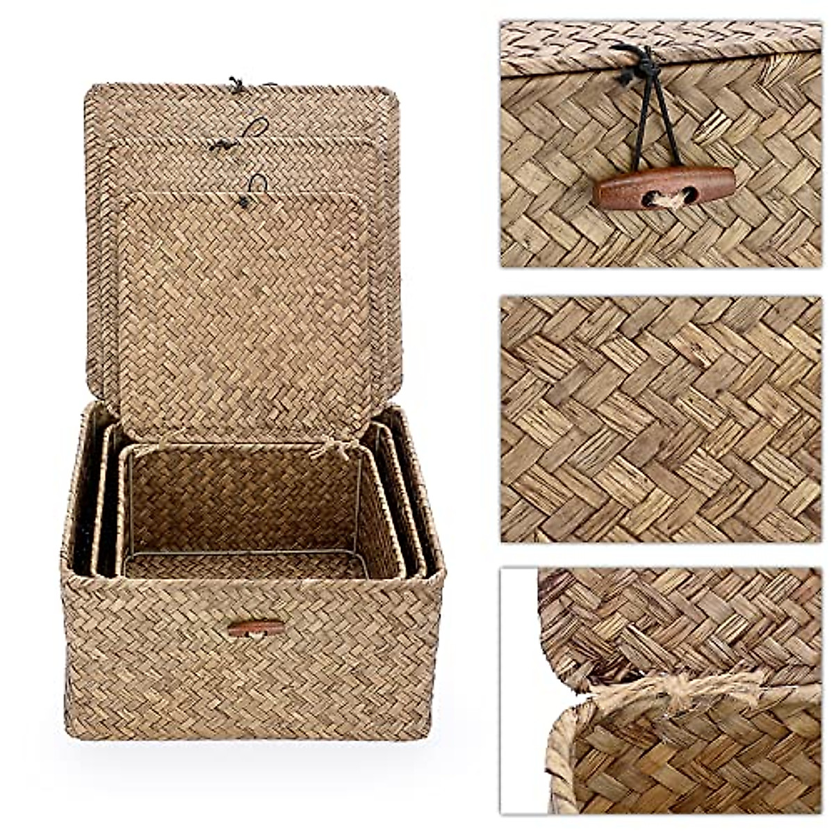 Hipiwe Wicker Shelf Baskets Bins with Lid Handwoven Storage Baskets Boxes Natural Seagrass Basket Box Home Decorative Household Organizer Bins Boxes for Shelf Organizing,Set of 3