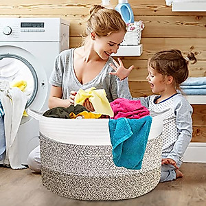 Large Woven Cotton Rope Basket - 22" x22"x 14", Baby Laundry Basket, Blanket Basket, Storage Baskets, Home Organizing Bins and Nursery Decor with Handle for Blankets, Toys, Clothes(White & Brown)