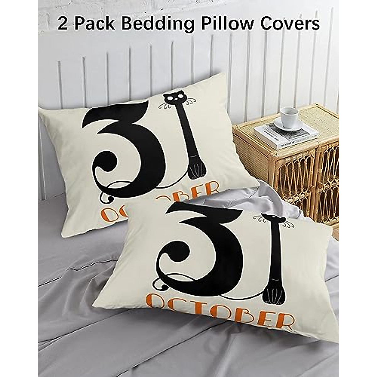Edwiinsa Halloween Pillow Covers King Standard Set of 2 Bed Pillow, Plush Soft Comfort for Hair/Skin Cooling Pillowcases with Envelop Closure 20x36 Inches Black Orange Cute Cartoon Cat Animal