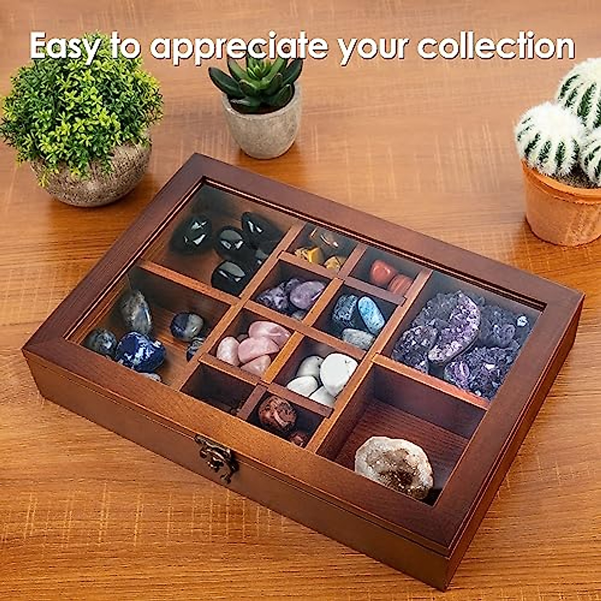 Mooncraftlogy Adjustable Rock Display Case, Rock Collection Box with Shelves, Pine Wood Crystal Organizer for Stones Storage,Gem Holder with Lid for Seashell, Jewelry, Collectibles (Brown)