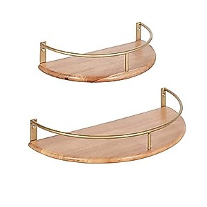 Kate and Laurel Camryn Boho Half Moon Wall Shelf Set, Set of 2, Natural Wood and Gold, Decorative Bohemian Half Circle Shelf for Household Storage and Boho Decor