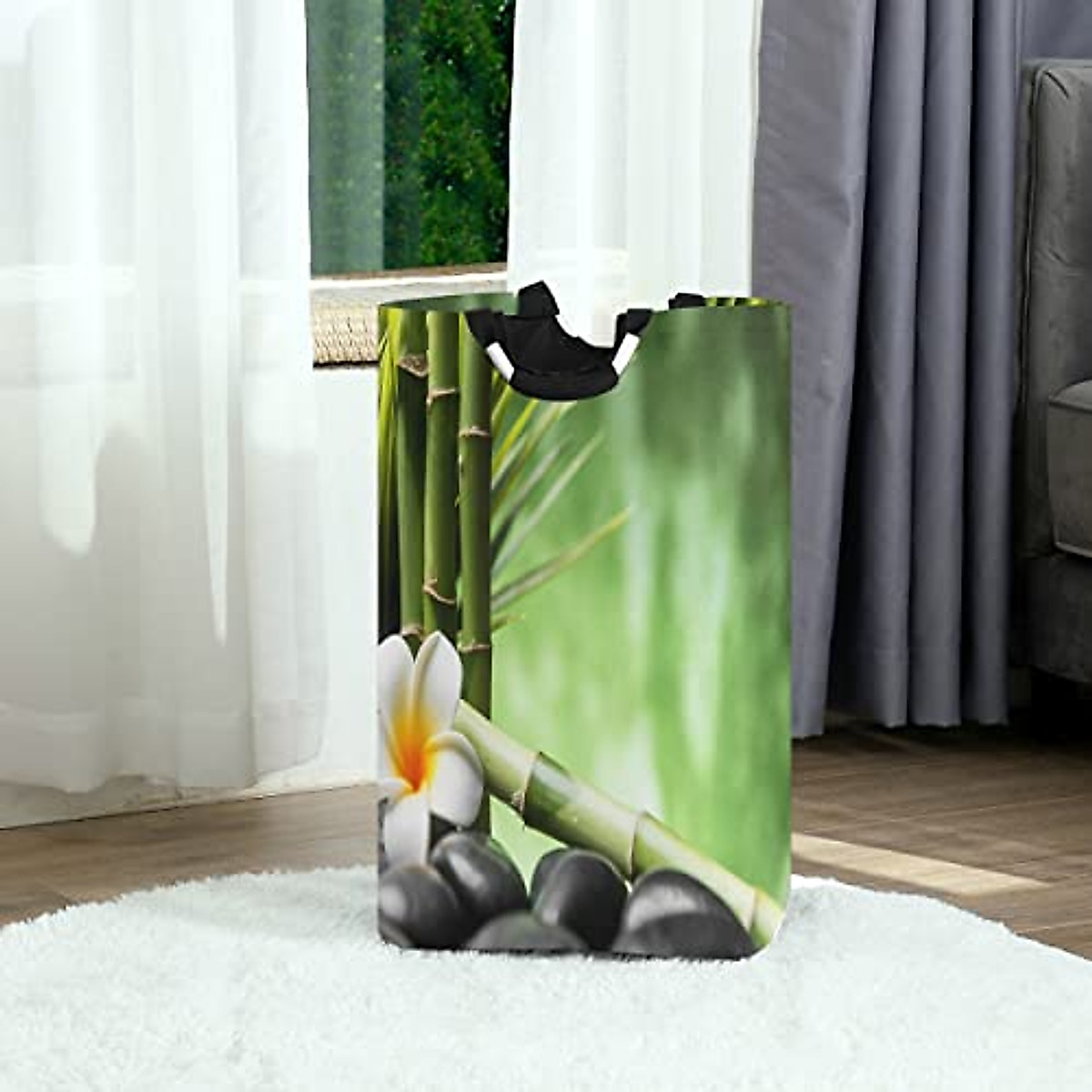 Zen Basalt Stone Bamboo and Blossom Flowers Collapsible Laundry Basket Fabric Laundry Hamper Foldable Clothes Bag Folding Washing Bin for College Student