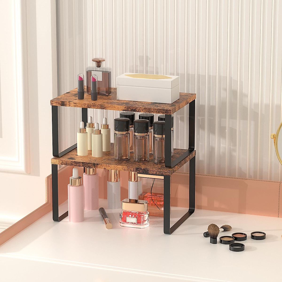 CADUKE Set of 4 Counter Shelves Kitchen Stackable Cabinet Shelf Wood Organizer Expandable Counter Top Racks Brown Bathroom Counter Organizer