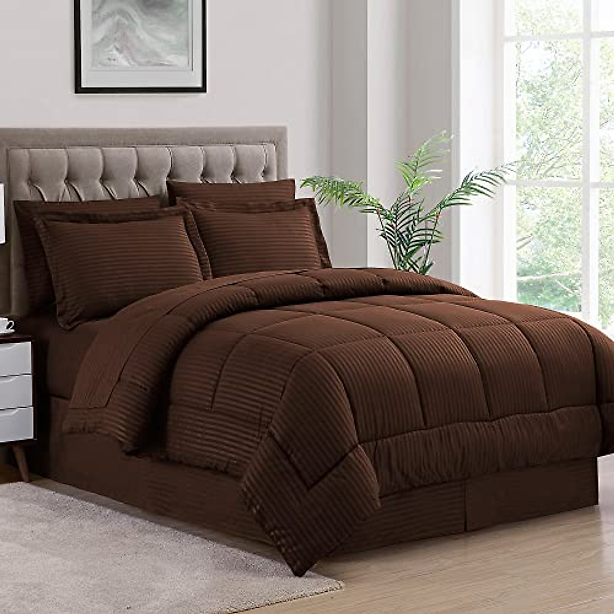 Queen Comforter Set 8 Piece Bed in a Bag with Bed Skirt, Fitted Sheet, Flat Sheet, 2 Pillowcases, 2 Pillow Shams, Queen, Dobby Chocolate