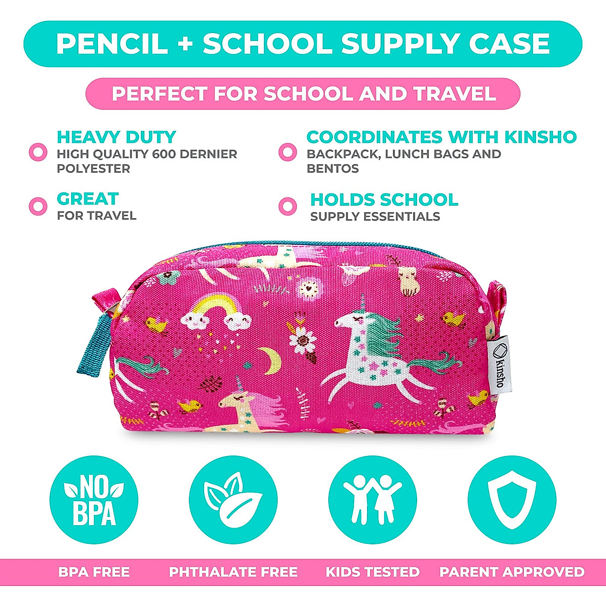Bundle of kinsho Bento Lunch Box with Insulated Bag, Water Bottle&Ice Pack Set (Pink Unicorn) + Pencil Case for Girls, Cute Pouch Box Bag for Little Kids (Pink Unicorn)