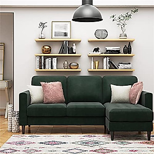 CosmoLiving Strummer Modern Reversible Sectional Couch Upholstered in Green Velvet Fabric with Floating Ottoman