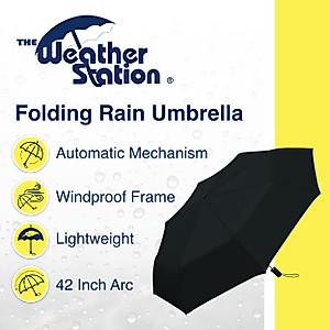 Weather Station Automatic Rain Umbrella, Windproof, Lightweight, and Packable for Travel, Full 42 Inch Arc, Black