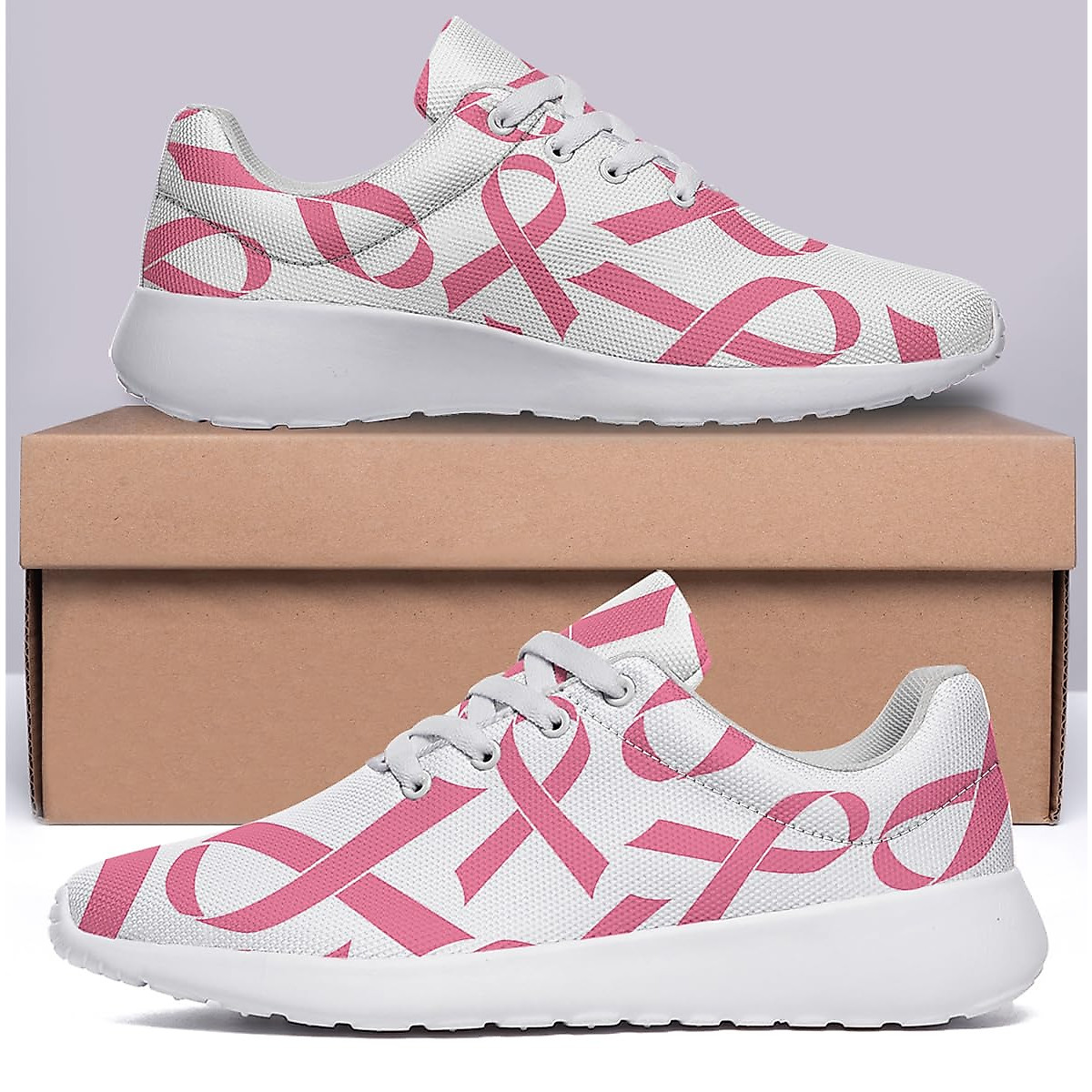 Breast Cancer Shoes for Women Fashion Breathable Running Sneakers Ladies Cancer Pink Ribbon Shoes White Size 5