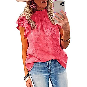 Dokotoo 2023 Stylish Ladies Tops and Blouses Solid Cotton Causal Crewneck Smocked Ruffle Short Sleeve Shirts Comfy Loose Fit Tunic Summer Sexy Tops for Women Rose M