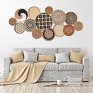 Set of 14 Boho Wall Basket Decor Round Flat Bamboo Rattan Basket Decorative Hanging Woven Basket with Macrame Tassels Handmade Wall Tapestry for Bedroom Living Room Kitchen Farmhouse Crafts