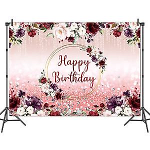 Burgundy Flower Happy Birthday Photography Backdrops 72.8x43.3inch Rose Gold Glitter Blush Photo Background for Women Lady Girl 16th 30th Birthday Party Decorations Banner Photo Booth Supplies