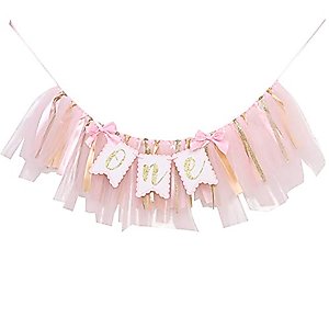 Highchair Banner 1st Birthday Girl - Tulle And Ribbon Banner For First Birthday, Cake Smash Photo Prop, Party Supplies (Pink)