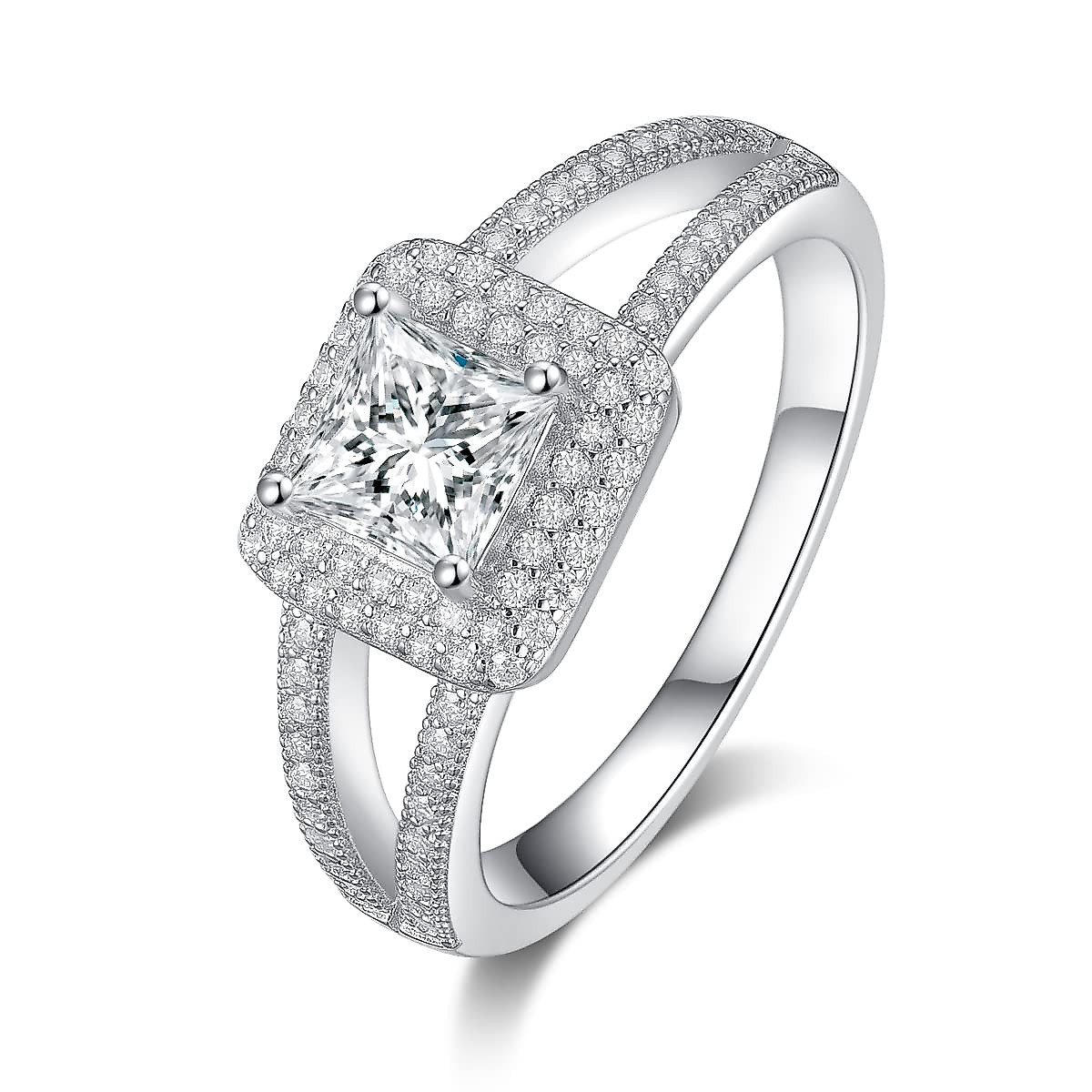 ZLAEBL 1.48 Carat Sterling Silver Split Shank Double Row Princess And Halo Pave Set Princess Cut Moissanite Engagement Ring Diamond Rings (1 Carat Center Stone),7