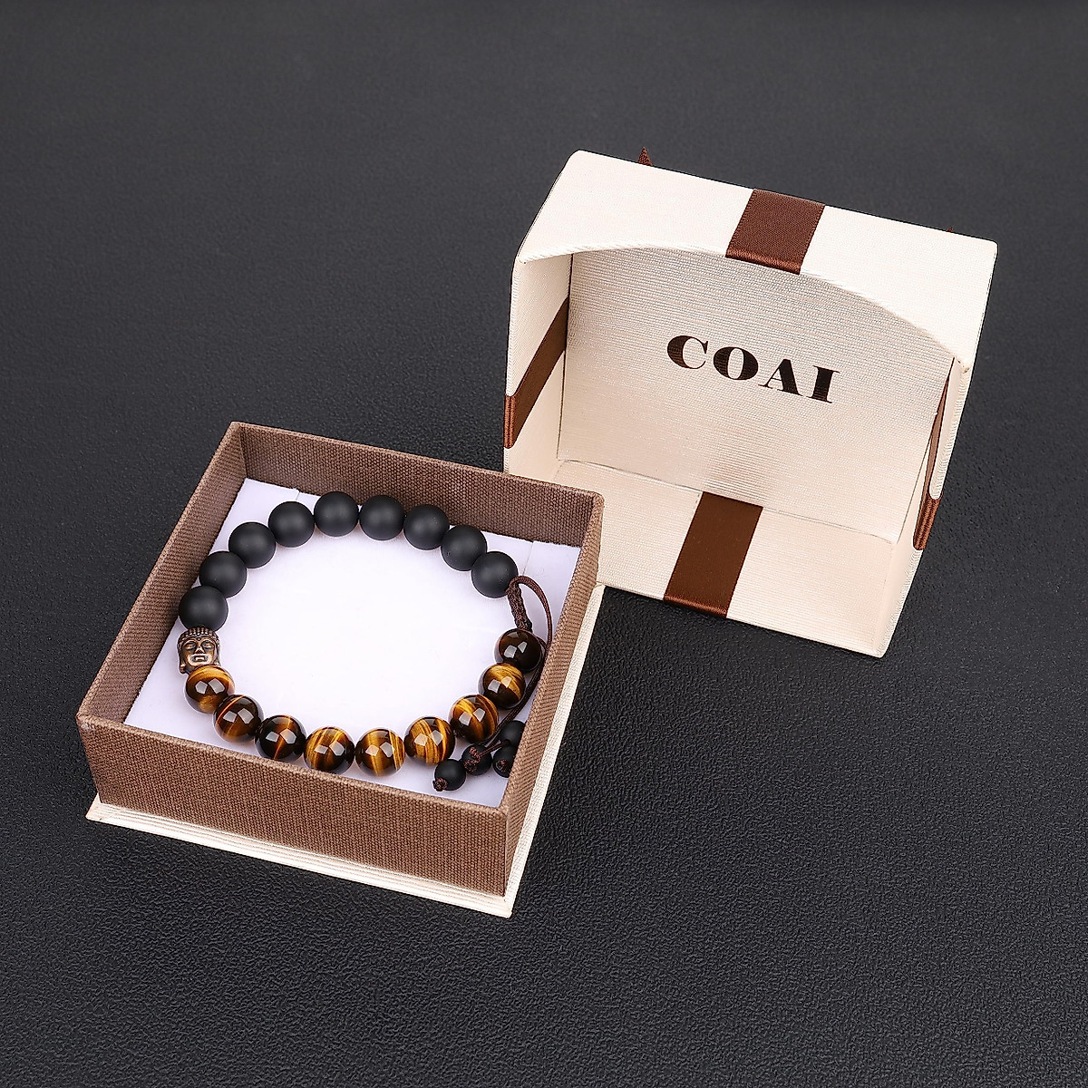 COAI Buddhist Reiki Healing Matte Onyx Tiger Eye Prayer Stones Bracelet