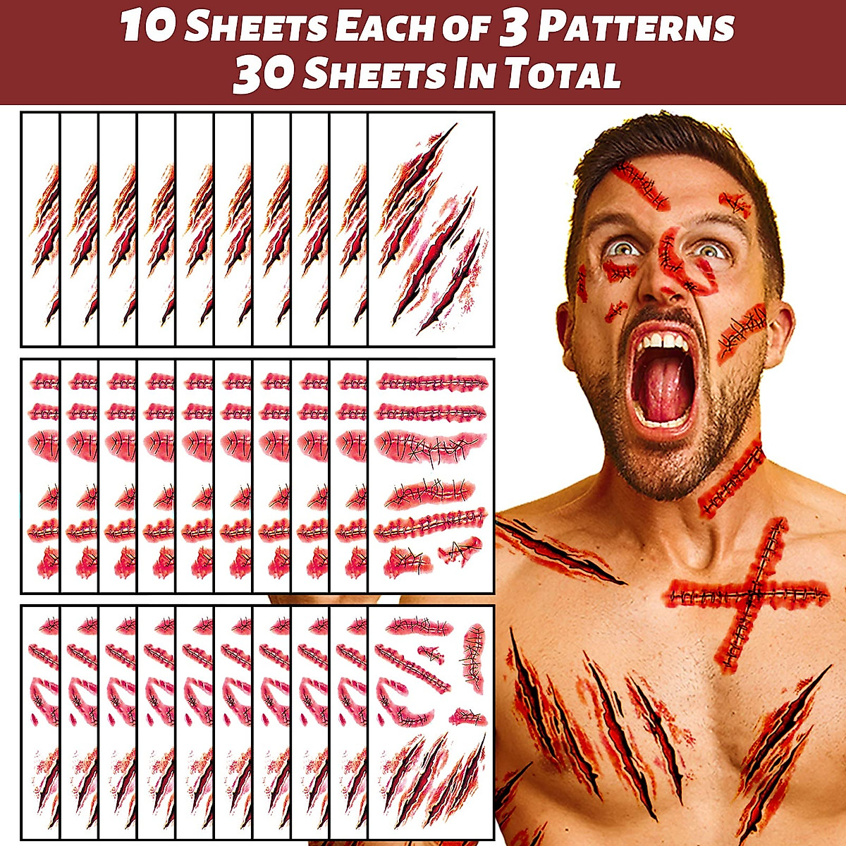 30 Sheets Halloween Temporary Tattoos, Horror Stitch Scar Scab Zombie Makeup Tattoos Stickers, Realistic Bloody Fake Wound for Halloween Party