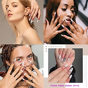 24 Pcs Press on Nails Long Fake Nails Acrylic Ballet French White Illuminate Butterfly adhesive tape on Nails Design Nails for Women and Girls