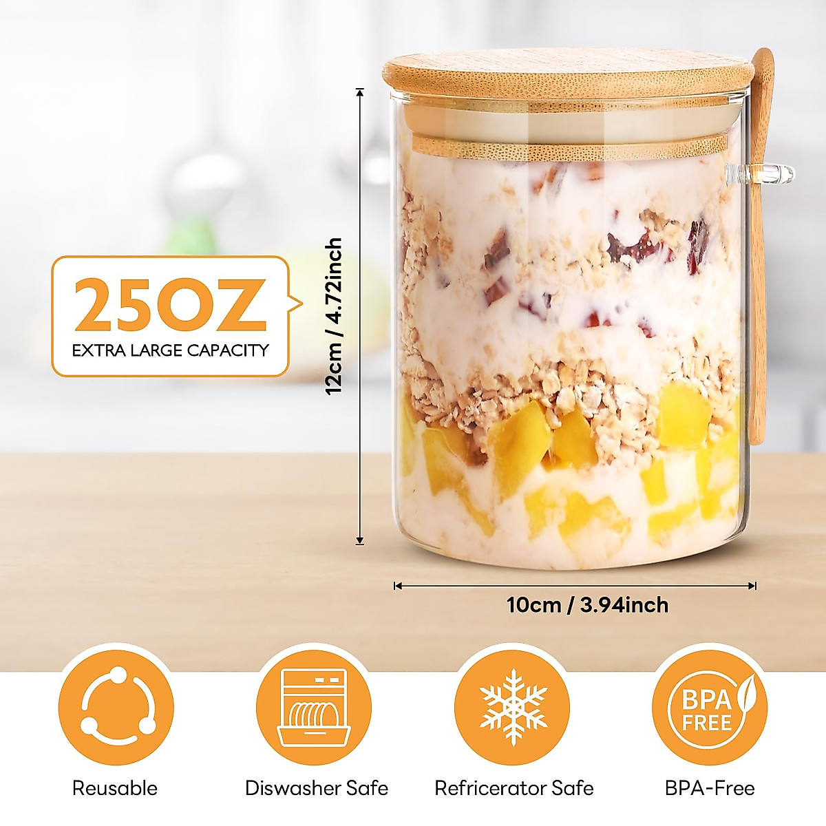 2 Pack 25oz Large Overnight Oats Containers with Lids, Overnight Oats Jars with Spoons, Glass Jars with bamboo Lids,salad jars with lids meal prep for Chia Seed Pudding Yogurt Cereal Coffee Flour