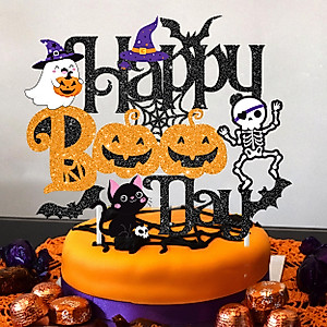 Halloween Happy Boo Day Cake Topper Glittery Halloween Little Boo Party Cake Topper Halloween Baby Shower Decoration for Spooky House Ghost Bat Pumpkin Theme Birthday Party Baby Shower Supplies