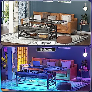 Aheaplus Coffee Table, Lift Top Coffee Table with LED Light and Power Outlet, Modern Lift-Top Table with Storage Shelf, Center Table for Living Room, Lift Tabletop, X Support, Metal Frame, Black Oak