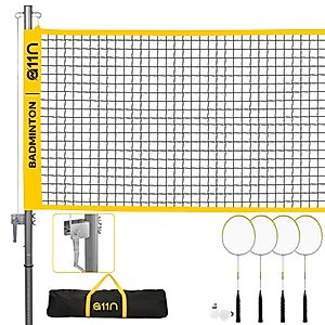 A11N Outdoor Badminton Set - Includes Anti-Sag Net, 4 Rackets, 2 Shuttlecocks, and Carrying Bag - for Backyard, Beach, and Park