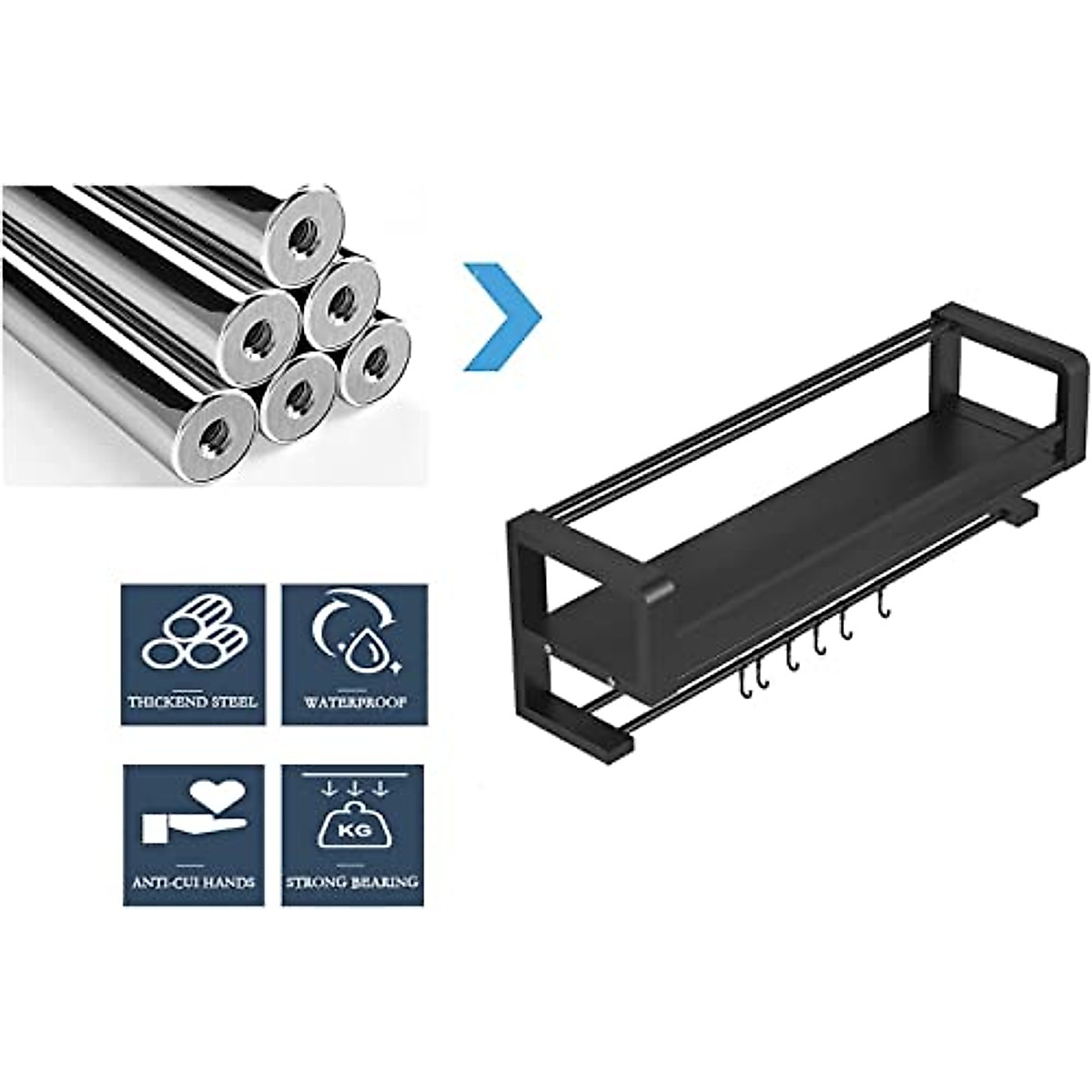 Shower Caddy, Black Strong Adhesive Shower Shelves, Shower Organizer Shelf with 6Hooks Towel Rack Basket, Rustproof Wall-Mounted Shower Racks for Inside Shower, Kitchen Bathroom Organizer, No Drilling