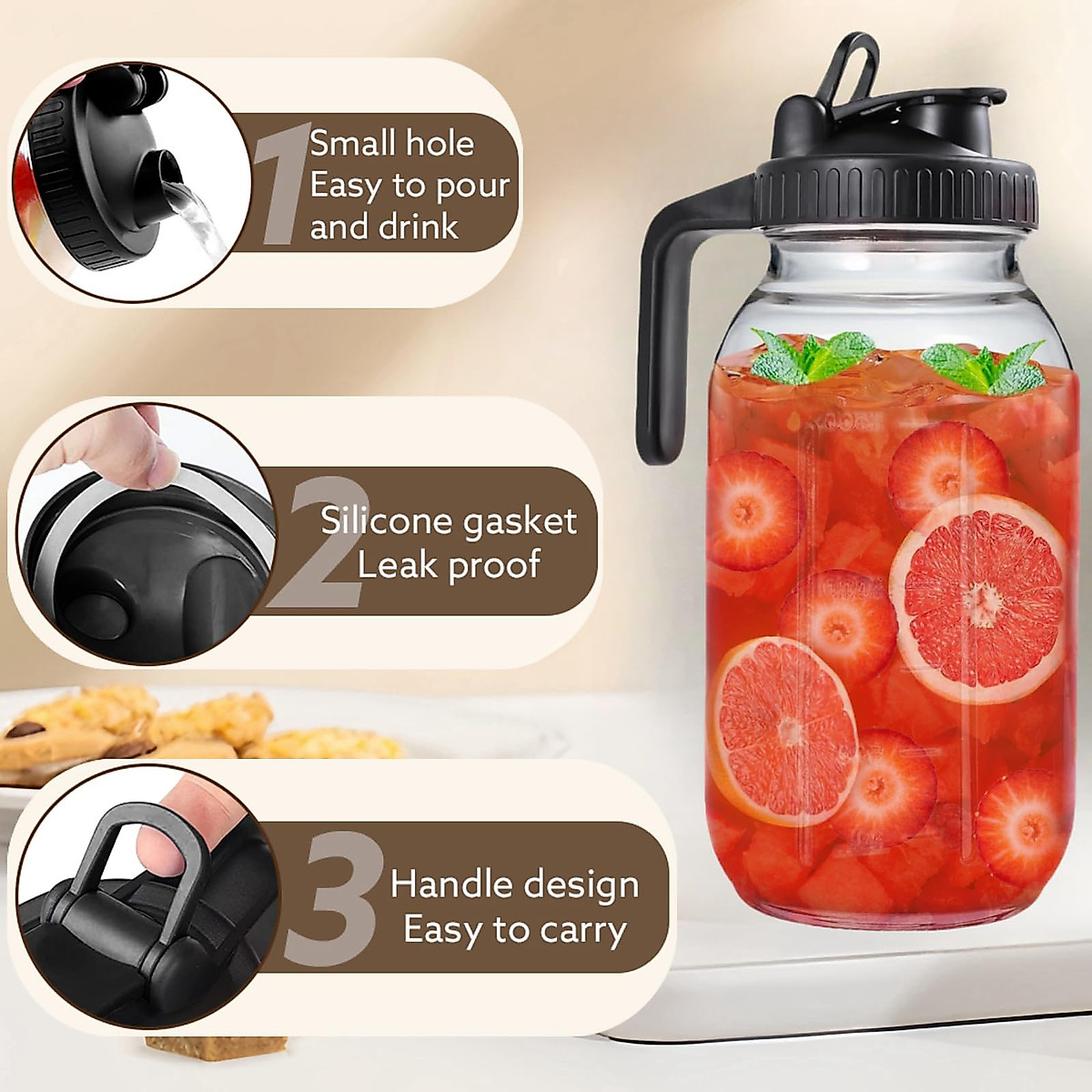 2 Pack 64 oz Pitcher With Lid, Glass Pitcher With Lid, Leak-Proof Airtight Mason Jar Pitcher, Sun Tea Jar, Glass Pitcher, Sun Tea Pitcher for Ice Tea, Cold Brew Coffee, Breast Milk, Juices