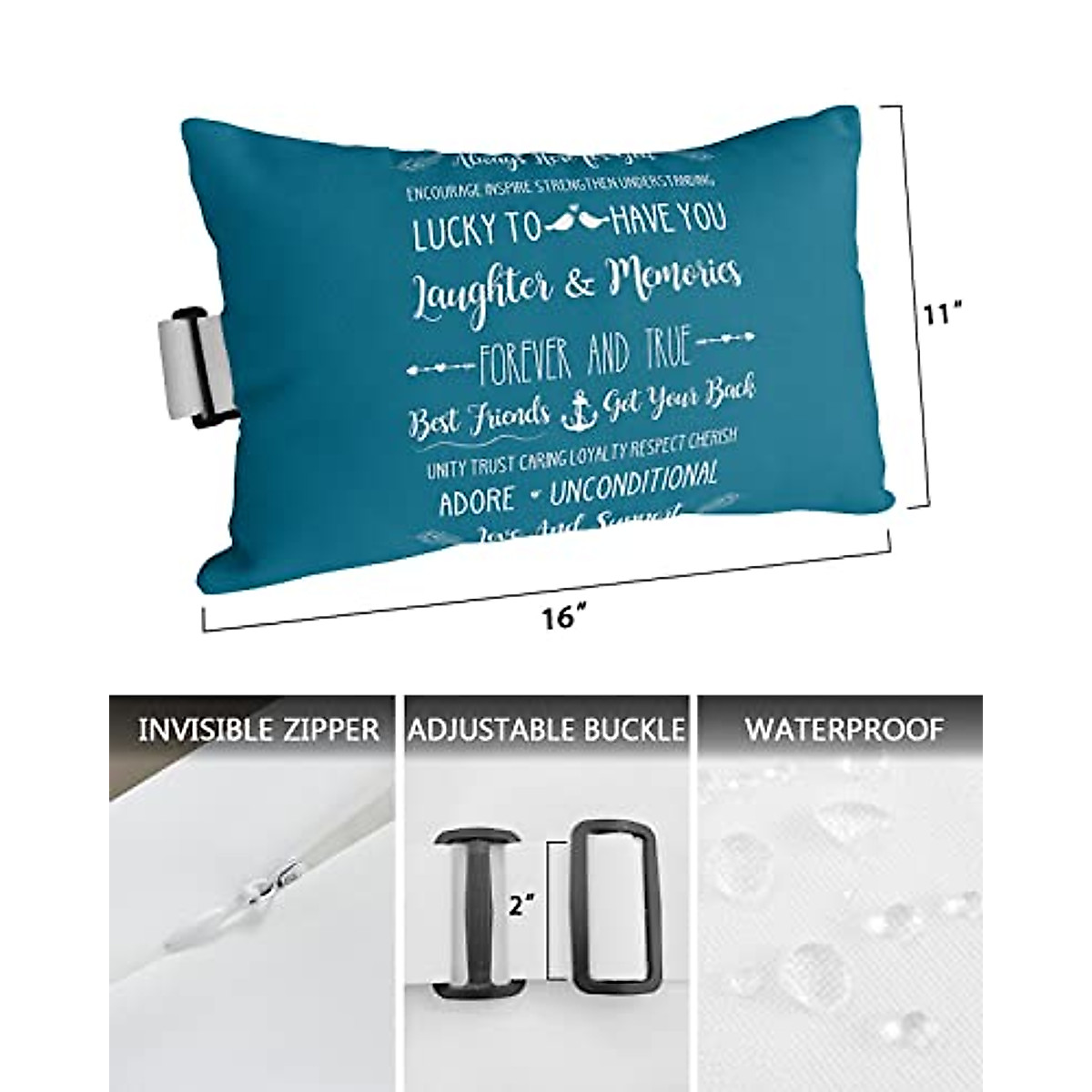 Recliner Head Pillow Ledge Loungers Chair Pillows with Insert Quotes Luck to Have You of Friendship and Love Blue Lumbar Pillow with Adjustable Strap Patio Garden Cushion for Sofa Bench Couch, 2 PCS