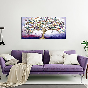 FuShvre Butterfly Pictures Wall Decor Purple Butterflies Canvas Wall Art Prints Tree of Life Artwork Painting Framed 24"x48"