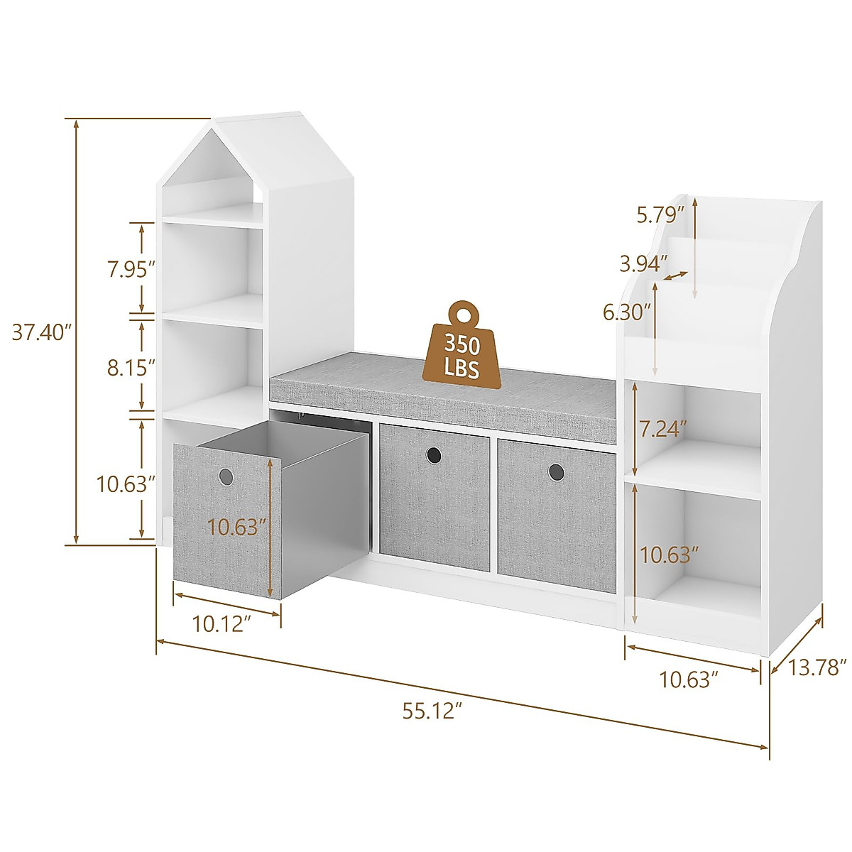 Vabches Toy Storage Organizer for Kids Bookshelf with Reading Nook, Multifunctional Kids Bookcase with 9 Storage Cubbies 3 Drawers and Large Seat Cushion for Keeping Kids' Toys Books Organized, White