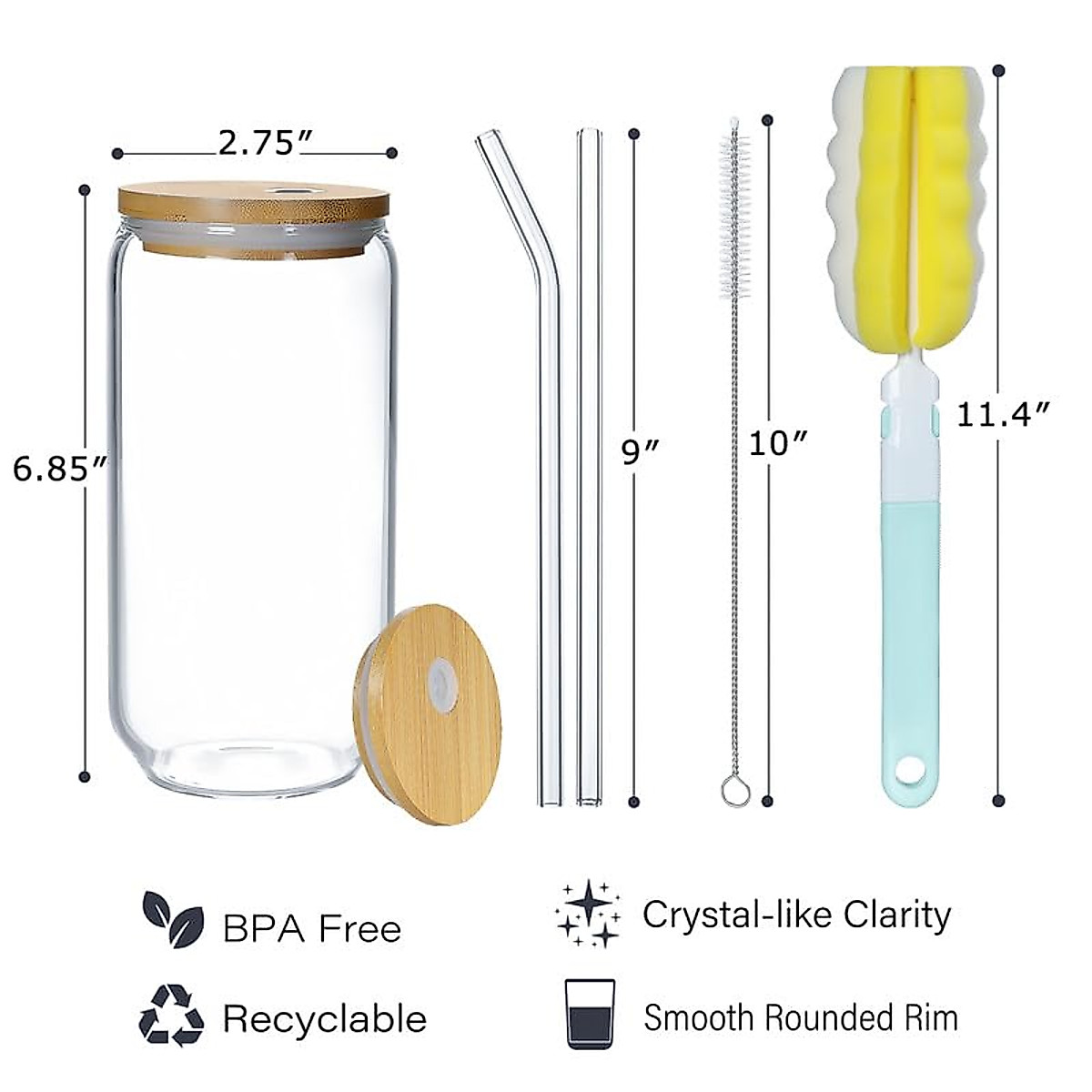 Flhivsa Drinking transparent cup 4pcs Set-20oz water Cups Tumbler Cup With Bamboo Lids and Straw Ideal for Soda Cocktail Whiskey Iced Coffee Iced Tea