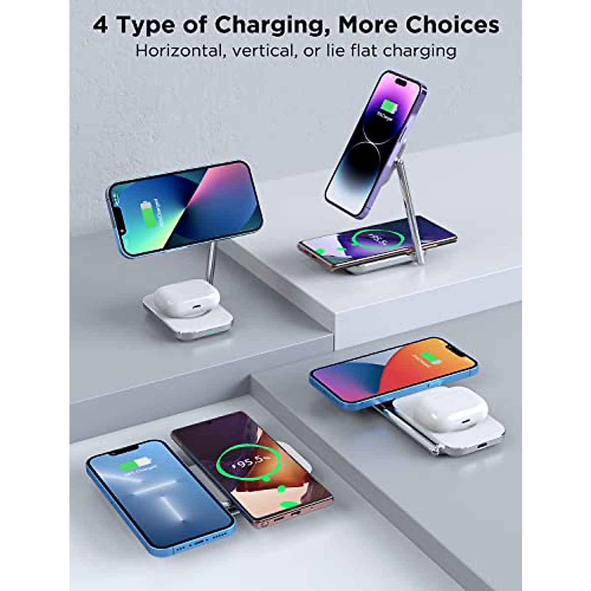2-in-1 Foldable Magnetic Wireless Charger Stand with MagSafe Charging Station for iPhone 14 13 12 11/Pro/Pro Max/Plus/Mini/XS/XR/X/8, Samsung Phones, AirPods 3/Pro/2