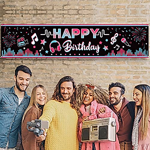 71 x 16 Inch Happy Birthday Banner Decorations, Large Fabric Music Party Banner Backdrop Background Photo Booth Banner Indoor Outdoor Decor for Teens Social Media Theme Birthday Party Supplies