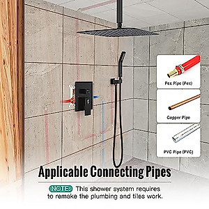 SR SUN RISE 16 Inches Matte Black Shower Set System Bathroom Luxury Rain Mixer Shower Combo Set Ceiling Mounted Rainfall Shower Head Faucet (Contain Shower Faucet Rough-In Valve Body and Trim)