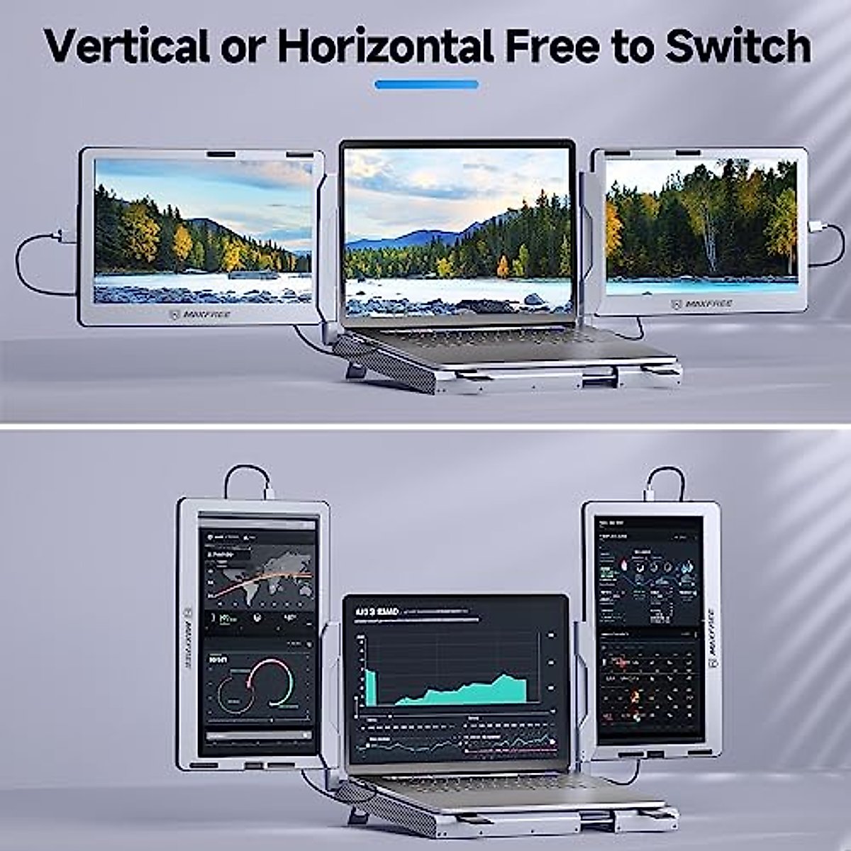 Maxfree F2 Triple Screen Laptop Screen Extender - 14'' Laptop Monitor Extender with 360° Rotation Stand, Plug & Play USB-C, Mini-HD - Compatible with Windows/Mac/Surface/Dex/Switch for 12-17'' Laptops