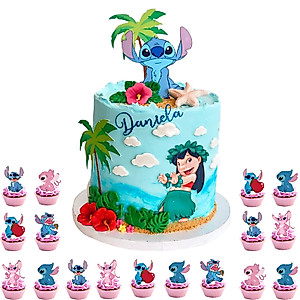 48 Pcs Pink Stitch Party Cupcake Toppers, Pink Girl Stitch Birthday Party Decorations
