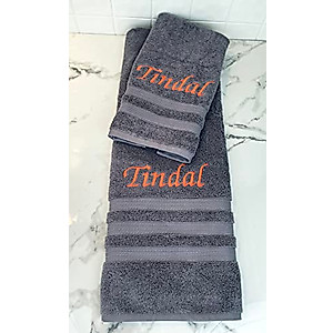 Liberty21 Luxury Embroidered Bath & Hand Towels, 100% Cotton. Custom Monogrammed Personalized Embroidered Towels. Set Includes 1 Bath Towel and 1 Hand Towel. (Grey)