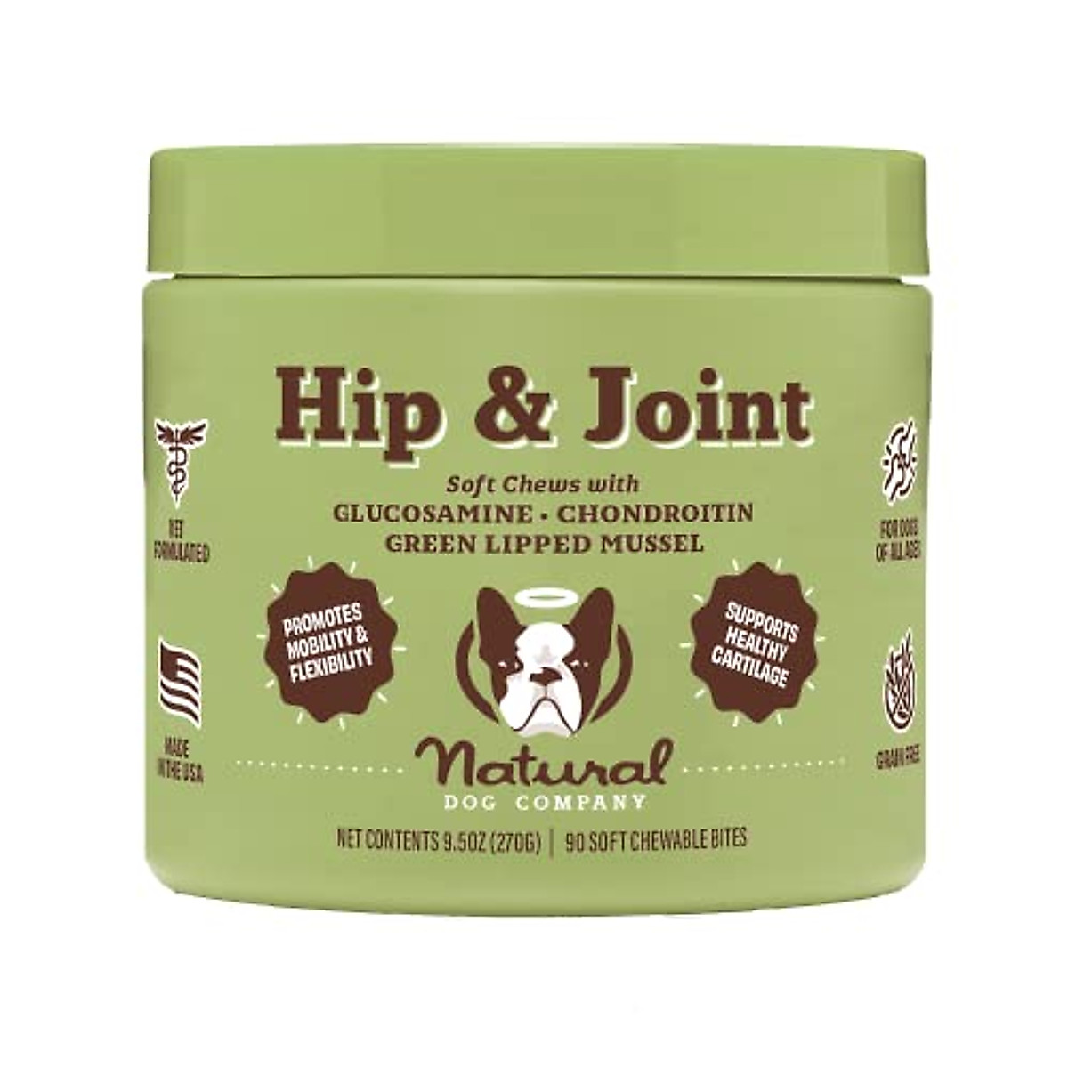 Natural Dog Company Hip & Joint Chews, Chicken Liver & Turmeric Flavor, with Glucosamine Chondroitin for Dogs, Maintains Bone and Joint Health, Supplements for Seniors and Puppies, 90 Count