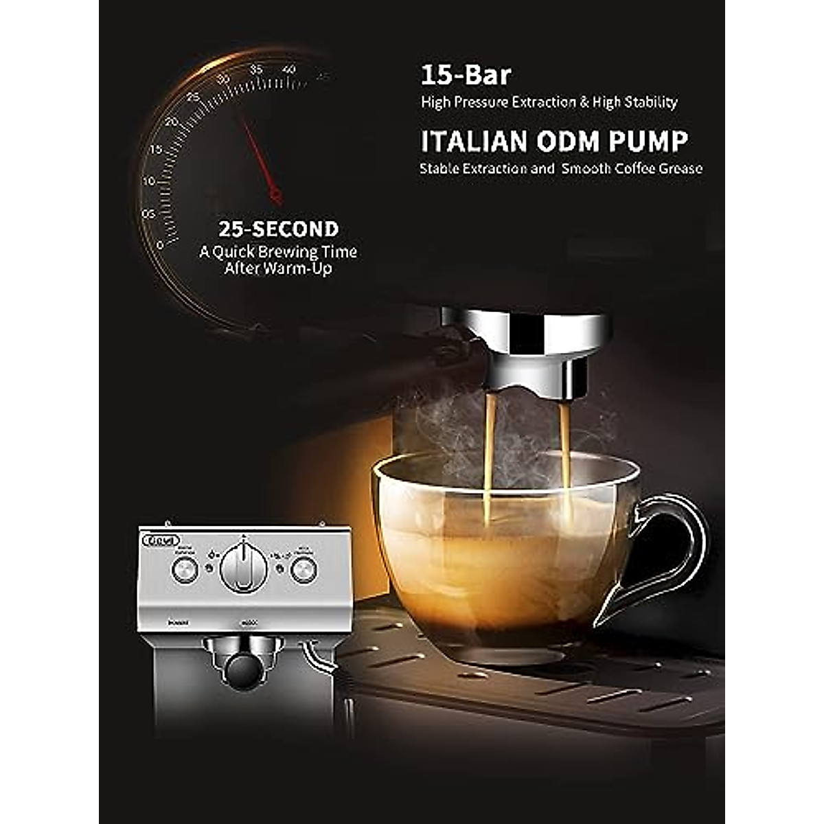 Espresso Machines 15 Bar with Adjustable Milk Frother Wand Expresso Coffee Machine for Cappuccino, Latte, Mocha, Machiato, 1.5L Removable Water Tank, Double Temperature Control System, 1100W, Black