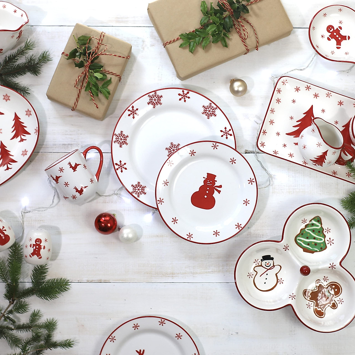 Euro Ceramica Winterfest Collection 12 Piece Dinnerware Set | Festive Ceramic Stoneware Dinnerware Set | Service for 4 | Hand-Stamped Holiday Design, Red & White Christmas Patterns,WFT-12000-DS