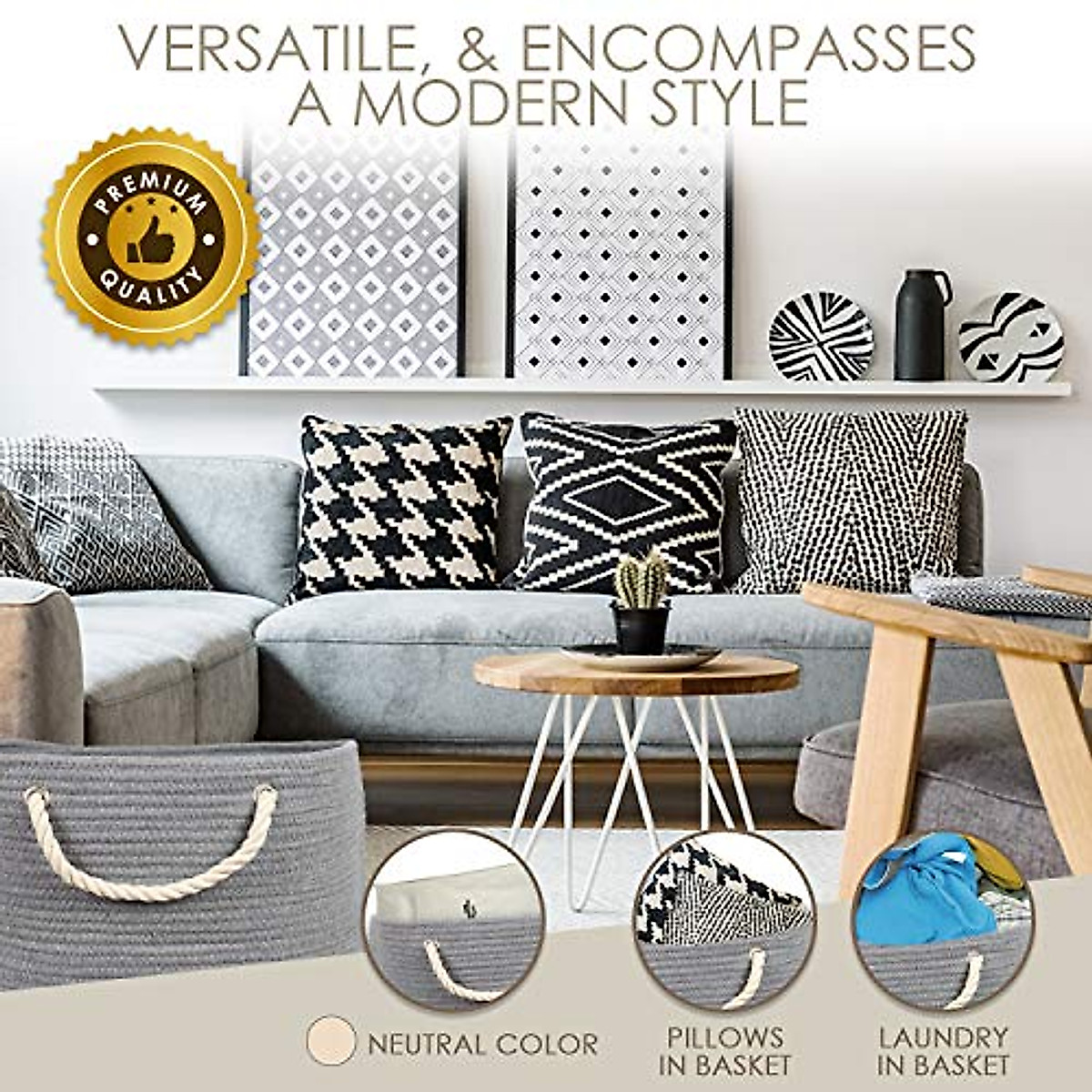 XXL Extra Large Cotton Rope Basket with Exclusive Laundry Bag: Wide Storage Organizer for Living Room, Blankets, Sofa Throws, Nursery, Baby Kids Toys, Playroom: 20" x 14" Hand Woven Hamper (Grey)