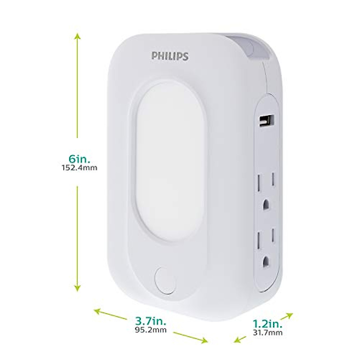 Philips Accessories 4-Outlet Extender 2-USB Surge Protector, Wall Adapter with Light-Sensing Night Light, Side Access, 3-Prong, Charging Station, SPP6241WC/37, White, 1 Pack