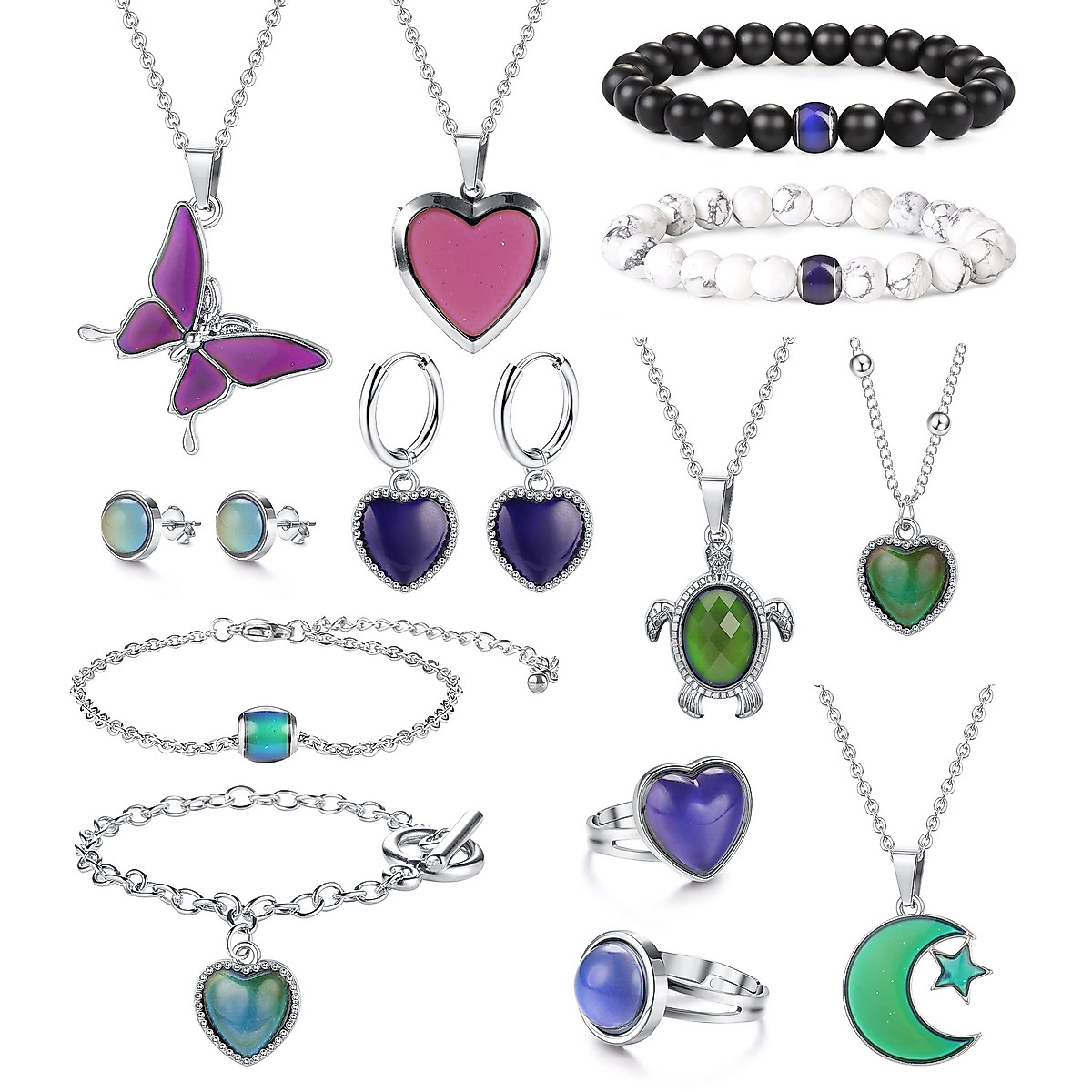 LOLIAS 15Pcs Mood Rings with Mood Necklaces Bracelets and Earrings, Adjustable Temperature Sensing Color Changing Mood Rings, Metal, No Gemstone