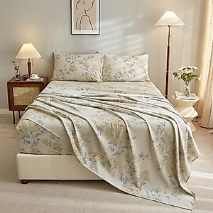 VClife Modern Floral Sheets Full Size Bedding Sets Khaki Taupe Beige Blueish Gray Floral Printed Sheets with 16" Extra Deep Pocket, 4 pcs Washed Microfiber Sheet Sets, Fade Resistant