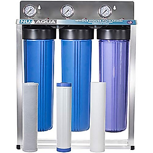 Nu Aqua 3-Stage Whole House Water Filtration System with Pressure Gauges – 20”x4.5” Sediment, Granular Carbon, Carbon Block Filters, 1” NPT Connection